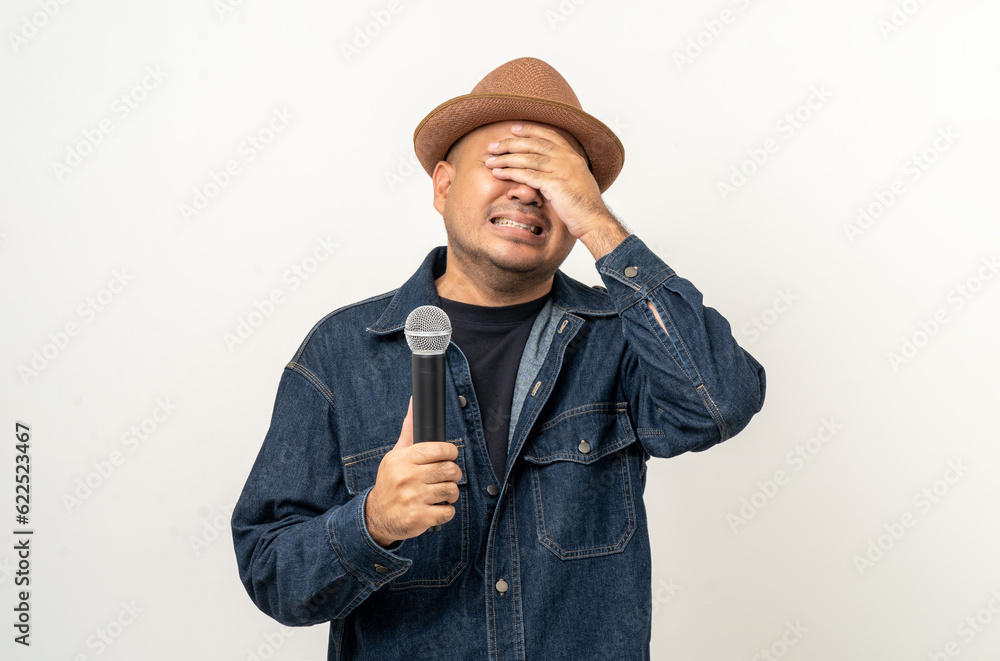 Shocked face young asian man singing song. Artist vocalist singer on ...