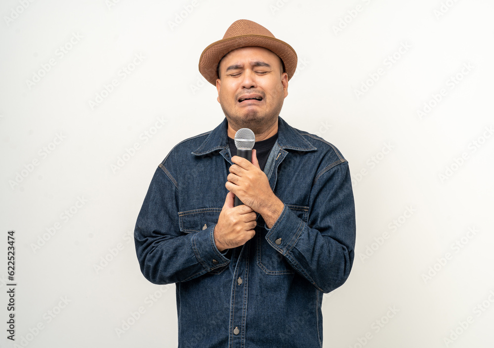 Shocked face young asian man singing song. Artist vocalist singer on ...