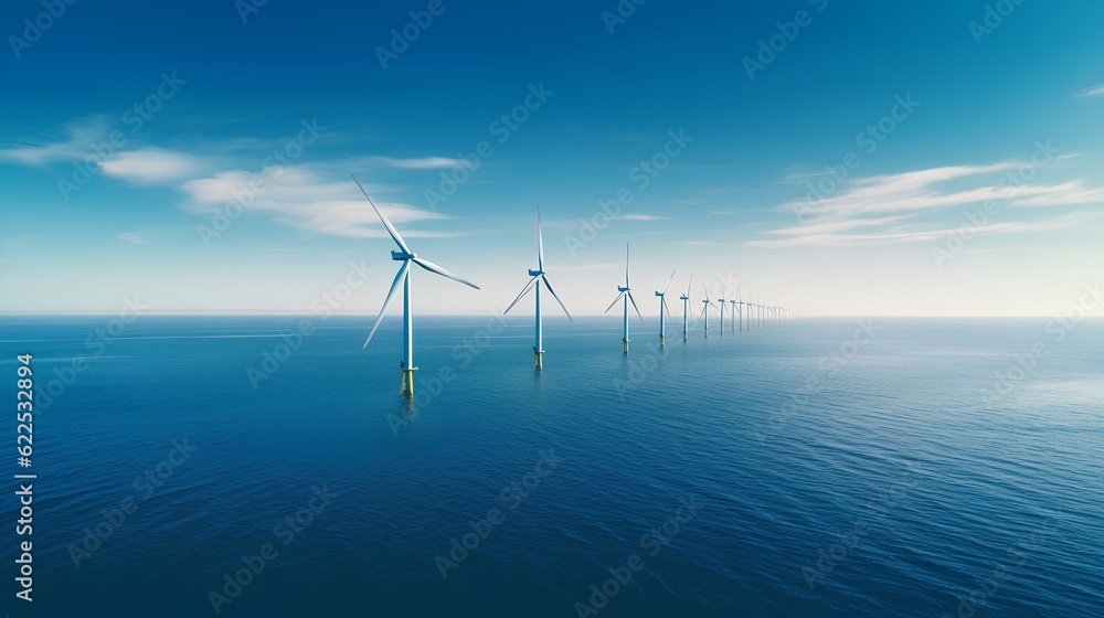 An offshore wind farm stands tall amidst blue waters and under ...
