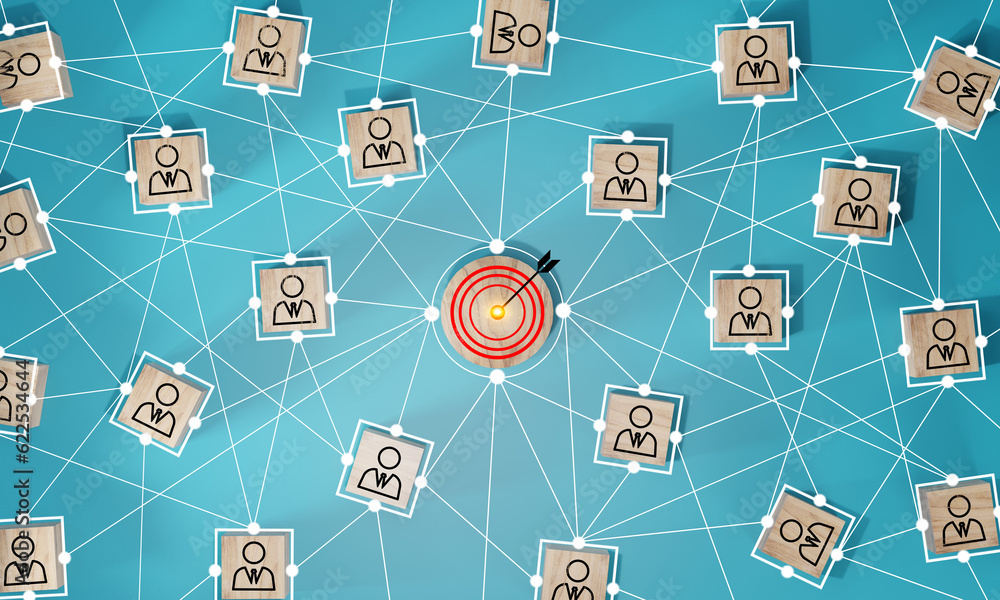 Poster Red dartboard and red arrow connection linkage with human icon ...