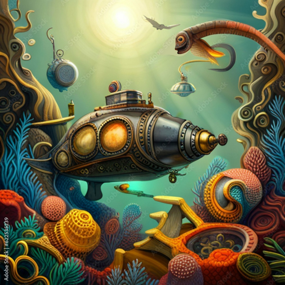 steampunk submarine exploring a coral reef, surrounded by exotic sea ...