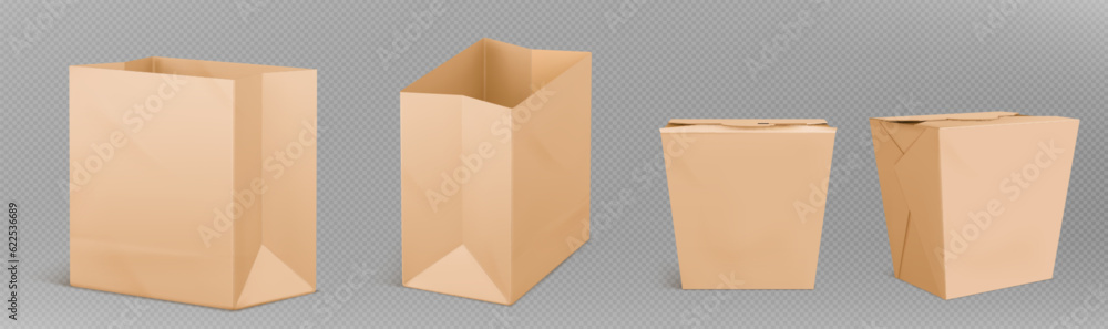 Brown lunch paper bag isolated vector mockup icon. 3d craft fast food ...