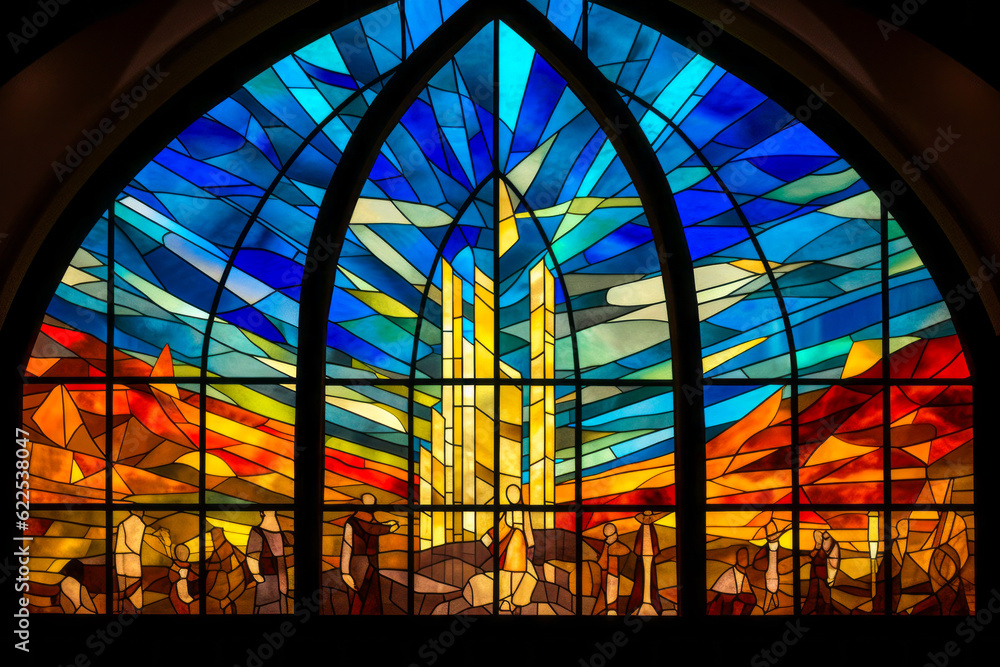 Vibrant minimalist style stained glass scene depicting the Beatitudes ...