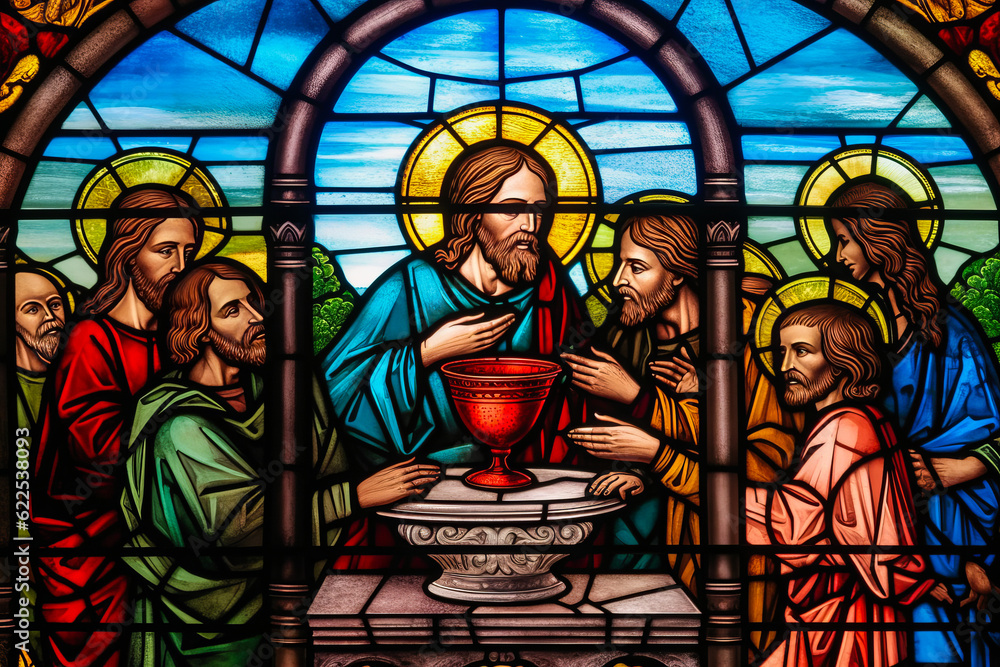 Breathtaking stained glass scene depicting Jesus turning water into ...