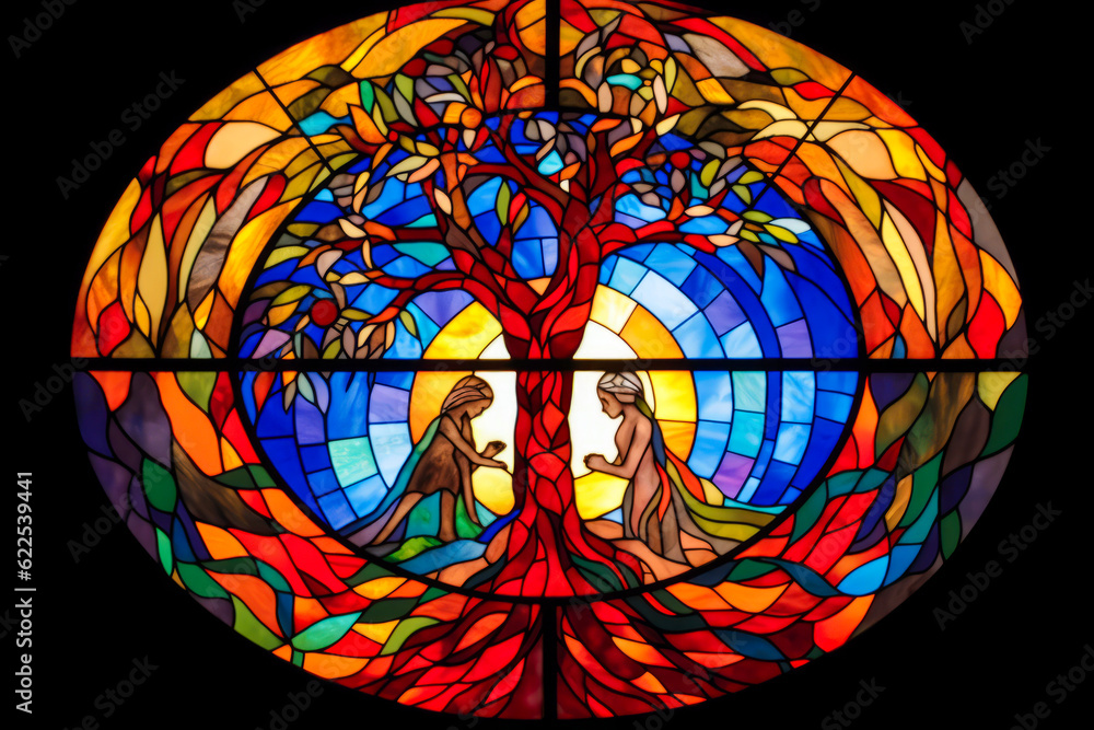 Majestic stained glass scene depicting the creation of Adam and Eve in ...
