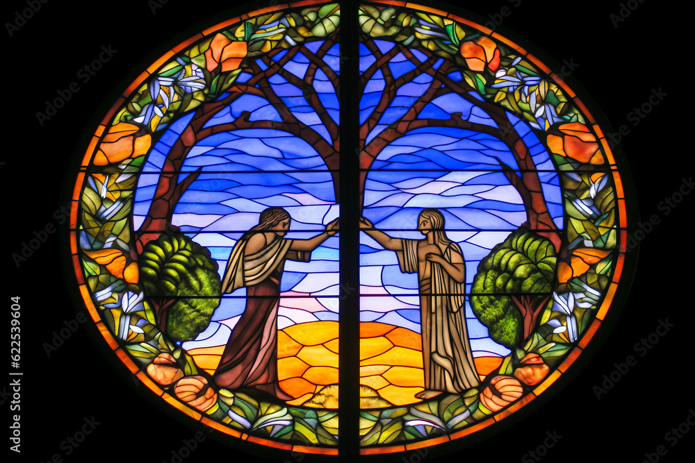 Breathtaking stained-glass depicting Creation of Adam & Eve in a Church ...