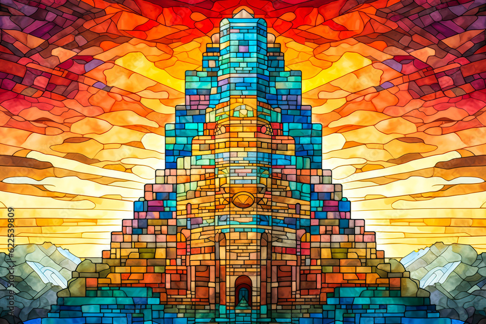 Captivating stained-glass depiction of Tower of Babel scene. Vividly ...