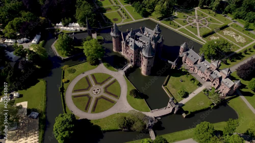 Rotating aerial pan showing historic picturesque castle Ter Haar in ...