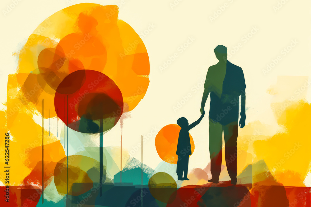 Touching abstract expressionist depiction of a father hand-in-hand with ...