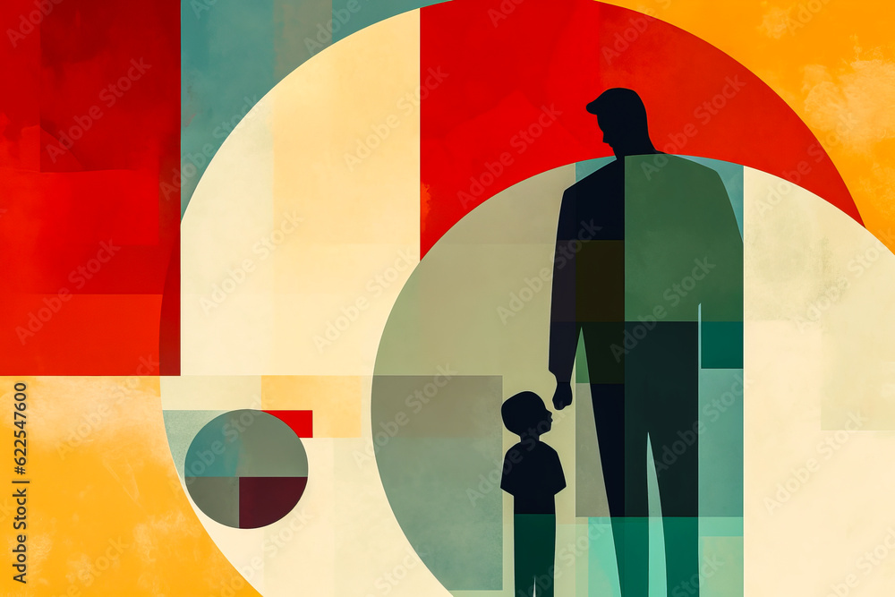 Touching abstract expressionist depiction of father and son hand-in ...