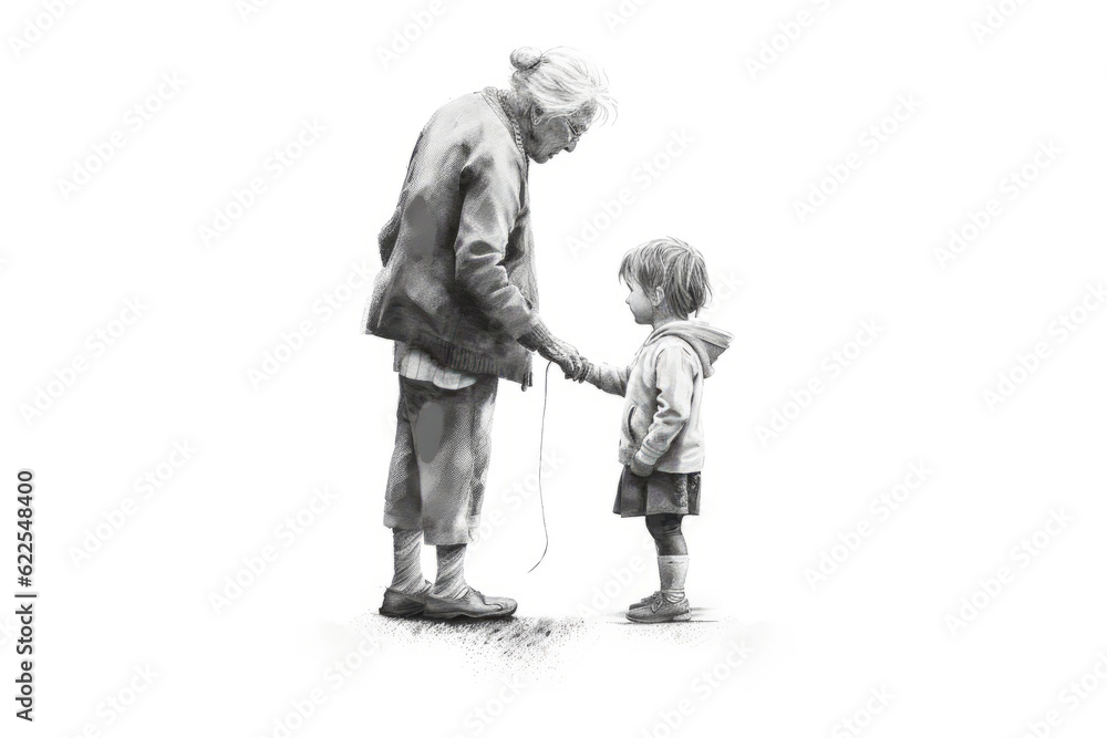 Charming sketch-style illustration of grandmother and grandchild in ...