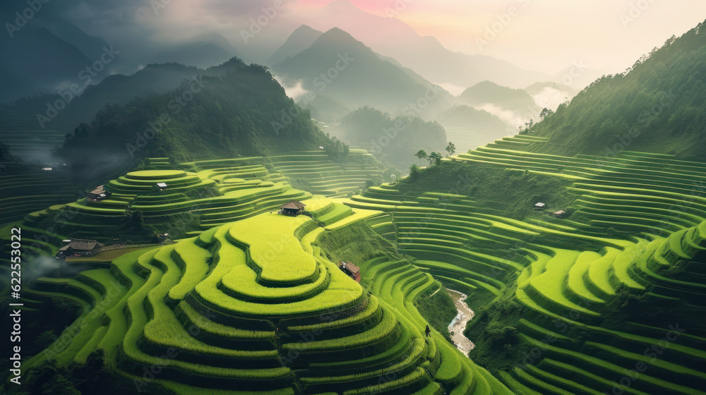 Drone view of rice plantation in bali with path to walk around and ...