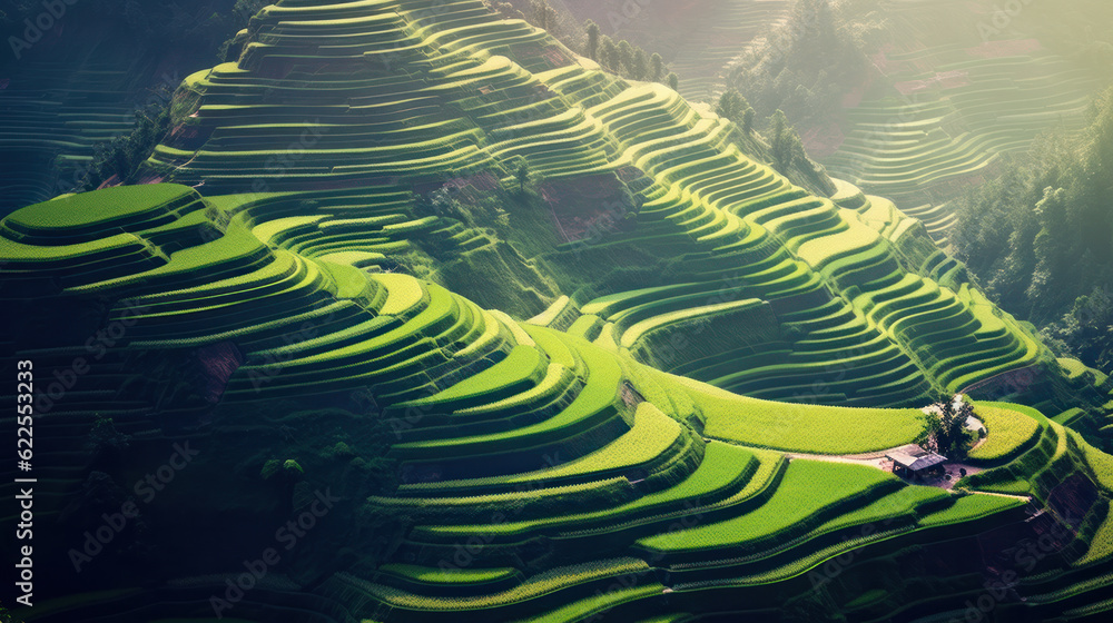 Terraced plantation poster Chinese rice fields. Tea plantations ...