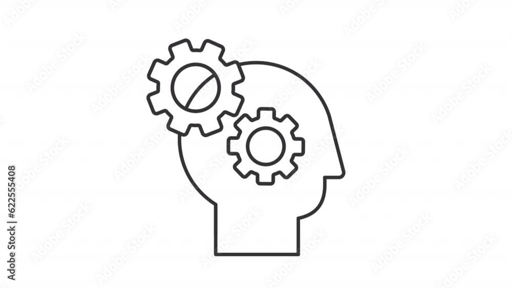 Implementation line animation. Rotating gears inside human head ...