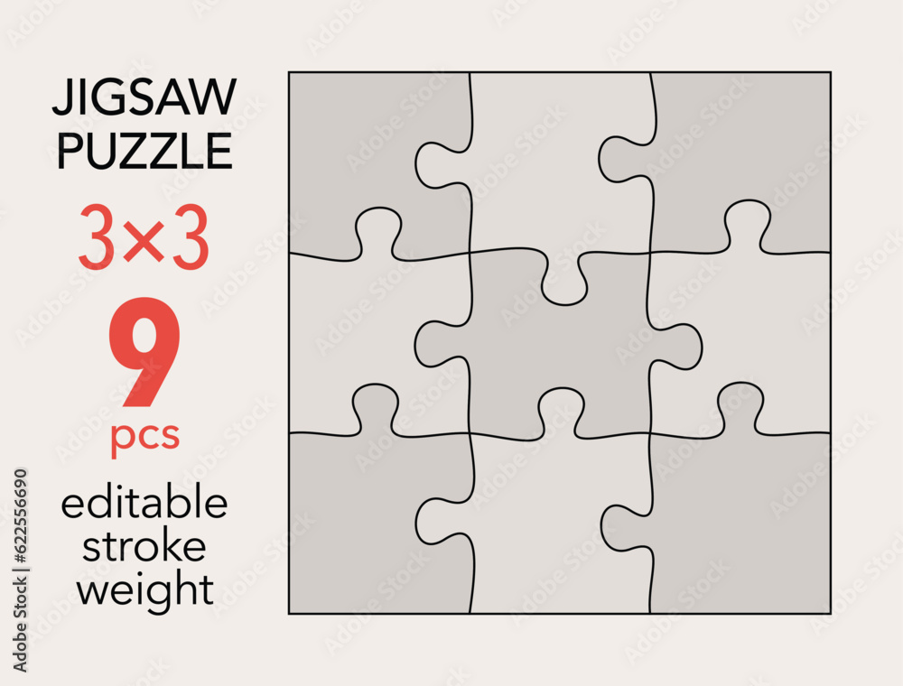 Empty jigsaw puzzle grid template, 3x3 shapes, 9 pieces. Separate ...