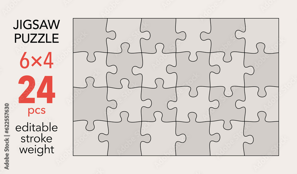Empty jigsaw puzzle grid template, 6x4 shapes, 24 pieces. Separate ...