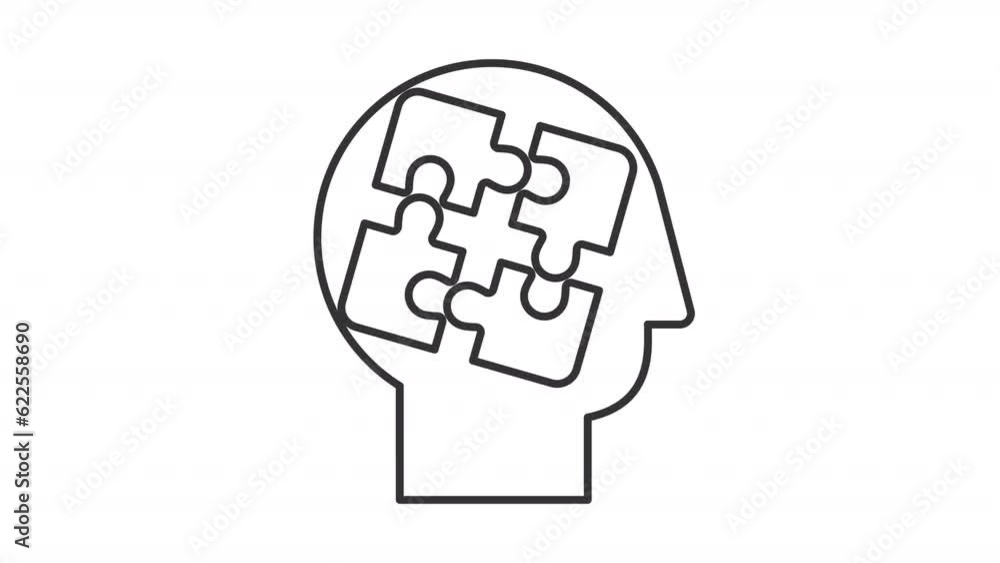 Elaboration animated icon. Rotating puzzle in human head line animation ...
