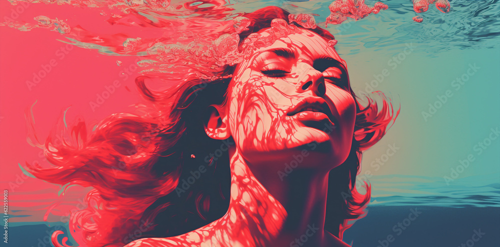 portrait illustration of a fashion model girl with red vibrant ...