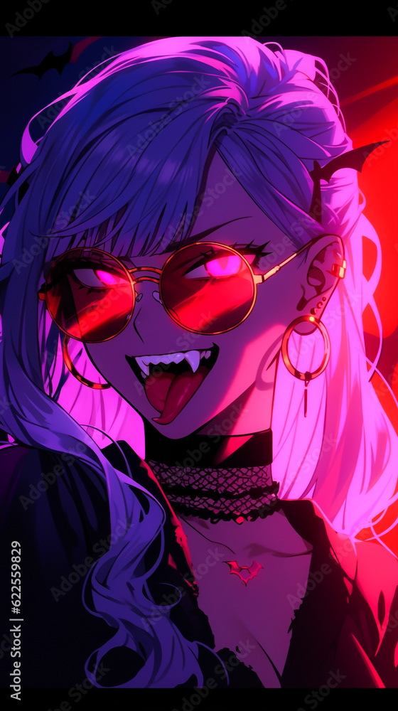 Sexy anime vampire girl with a pink and purple synthwave anime cartoon ...