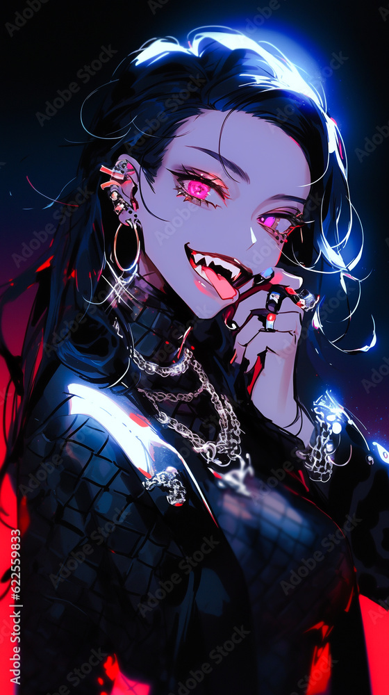 Sexy anime vampire girl with a pink and purple synthwave anime cartoon ...