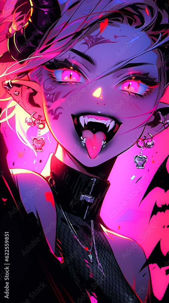 Sexy anime vampire girl with a pink and purple synthwave anime cartoon ...