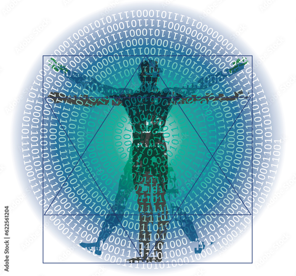 Vitruvian man with binary code, modern variation on the famous symbol ...