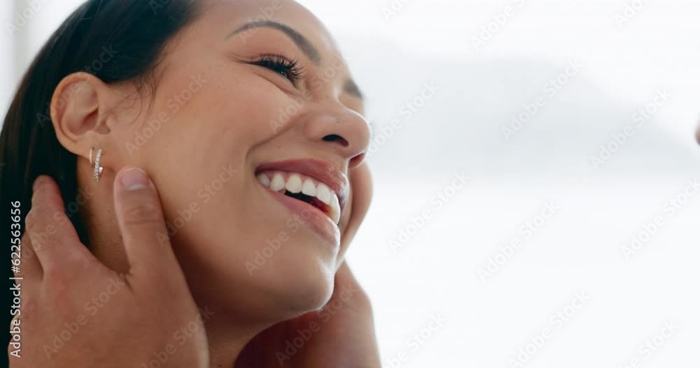 Couple, man and kiss woman on forehead in home for love, care and ...