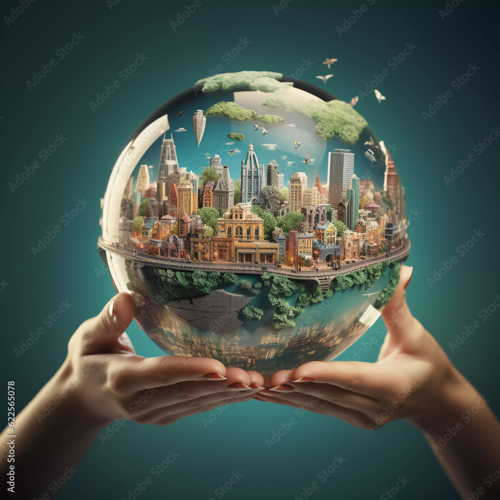 World environment day concept, human hand holding a city scenery, Small ...
