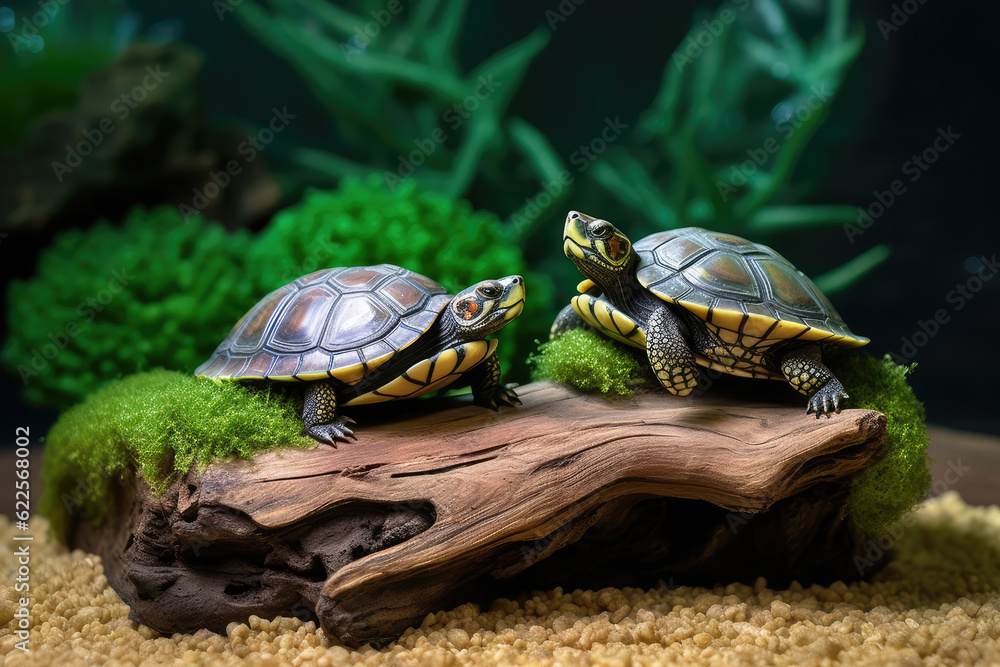A pair of turtles basking on a log in a terrarium, representing the ...