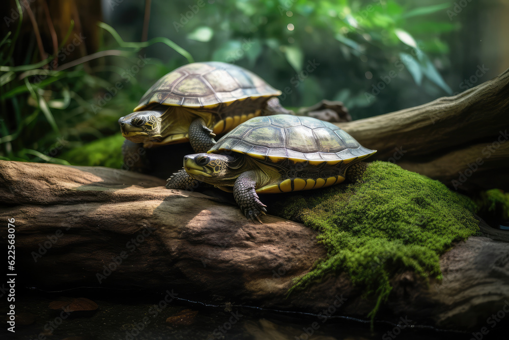 A pair of turtles basking on a log in a terrarium, representing the ...