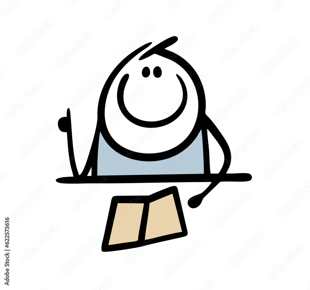 Smart doodle stickman sitting at the table and reeding book. Vector ...