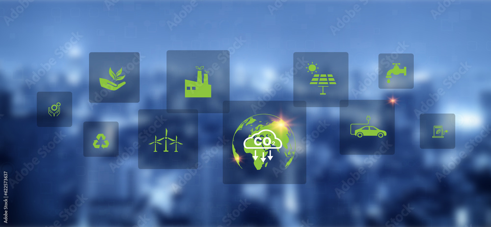 Reduce CO2 emission concept. Businessman using laptop for working ...