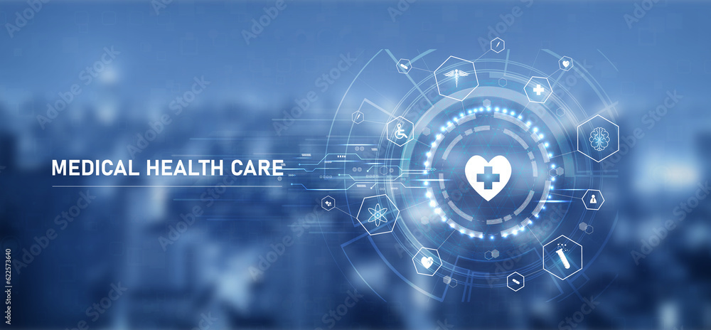 Healthcare and technology concept with flat icons and symbols. Template ...