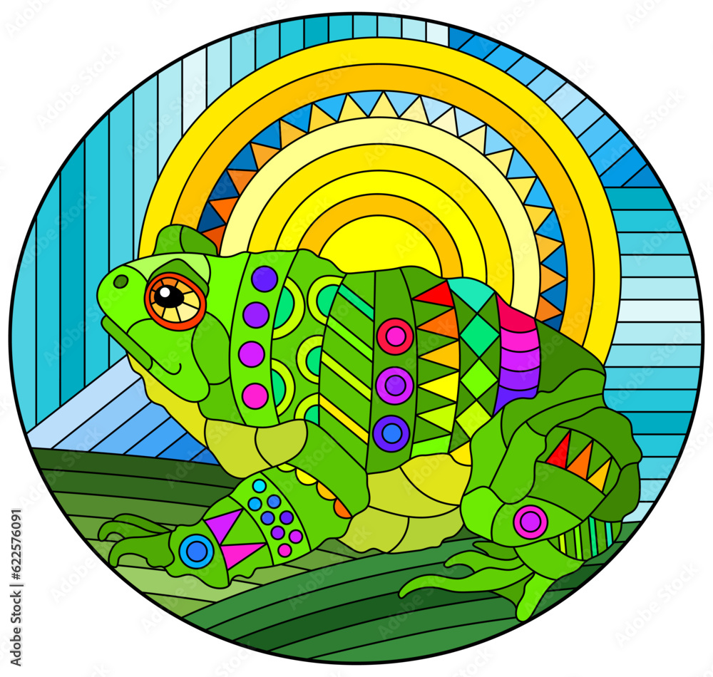 An illustration in the style of a stained glass window with an abstract ...