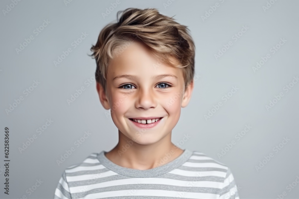 Portrait of a cute little boy smiling at camera over grey background ...