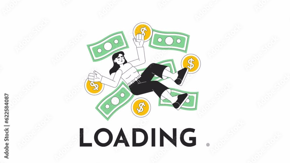 Growing wealth black and white loading animation. Happy girl with money ...