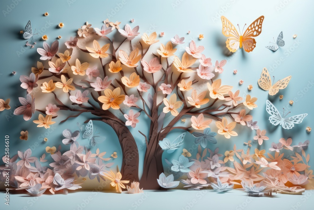 Artistic papercraft with a blossom tree with many flowers and butterfly ...