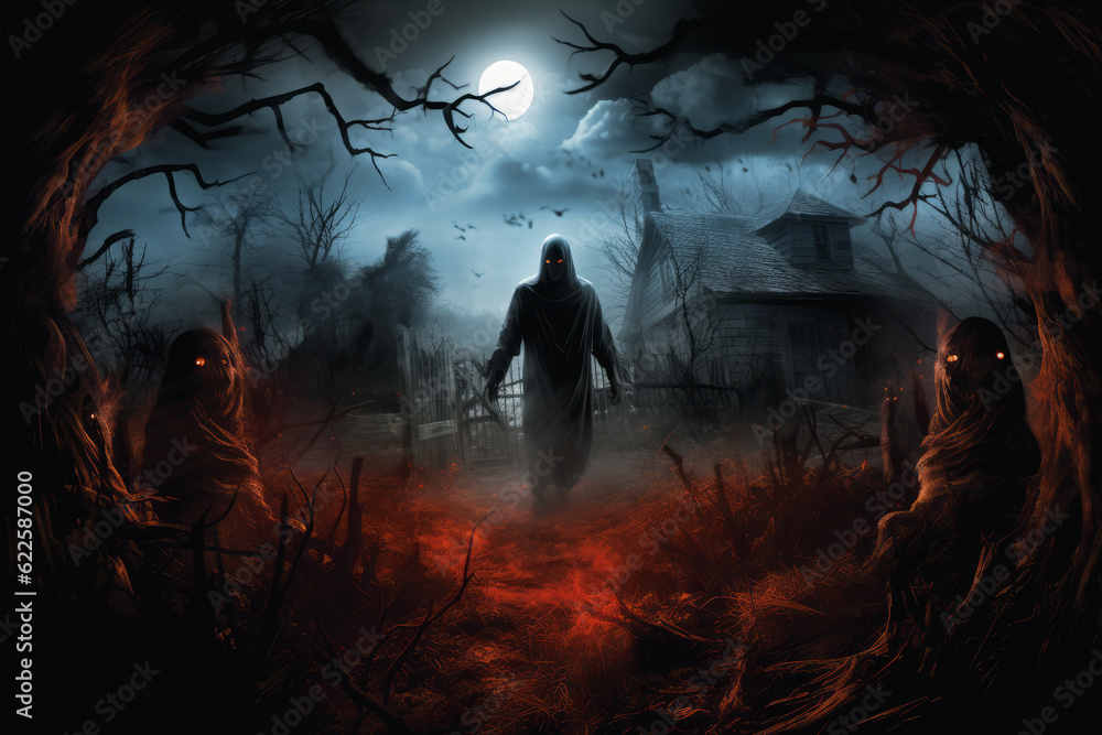 Creepy halloween monster coming from a haunted house, bats are flying ...