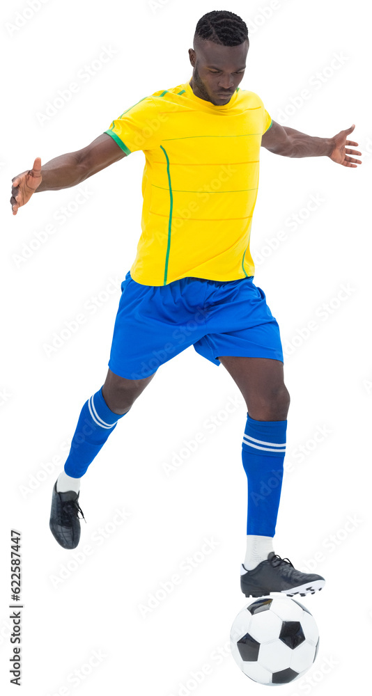 Digital png photo of african american male soccer player kicking ...