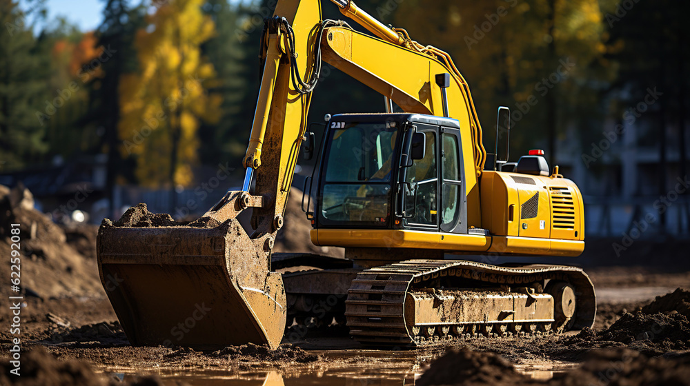 Backhoe working by digging soil at construction site. Bucket teeth of ...