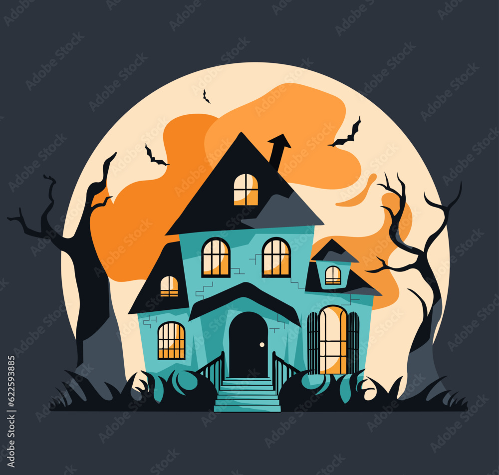Vector illustration of a cartoon style horror house for Halloween. Blue ...