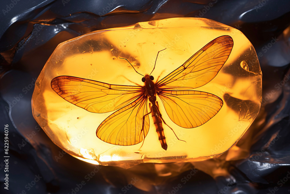 Amber with trapped insect. Animal preserved in piece of amber. Macro ...