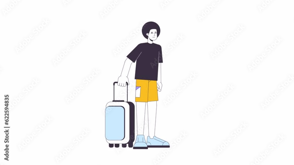 Afro hair man holding baggage line 2D character animation. Male ...