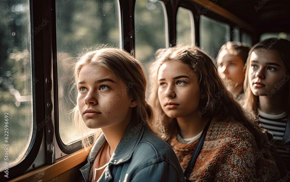 Girls in the bus looking with interest from the window retro style ...