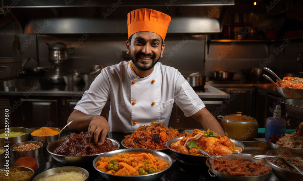 cooking, profession and people concept - happy male indian chef in ...