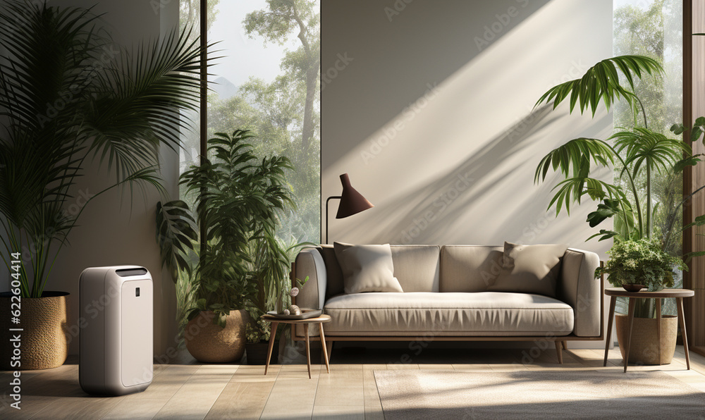 Poster White modern design air purifier, dehumidifier in beige brown ...