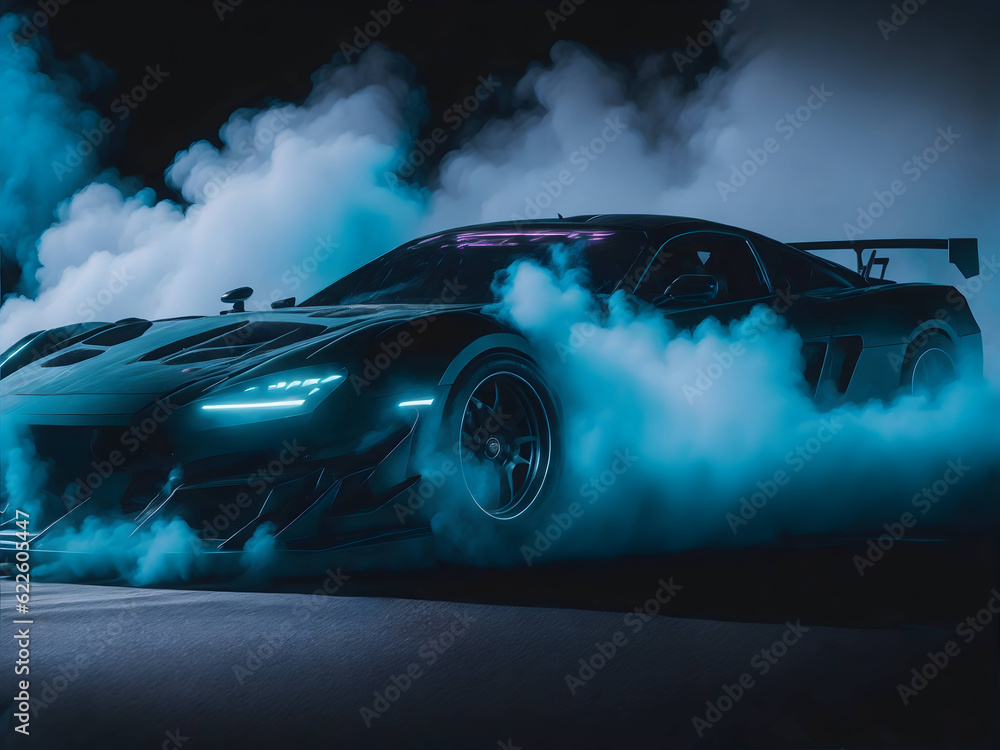Sports car drifting in neon smoke. Futuristic smart car technology ...