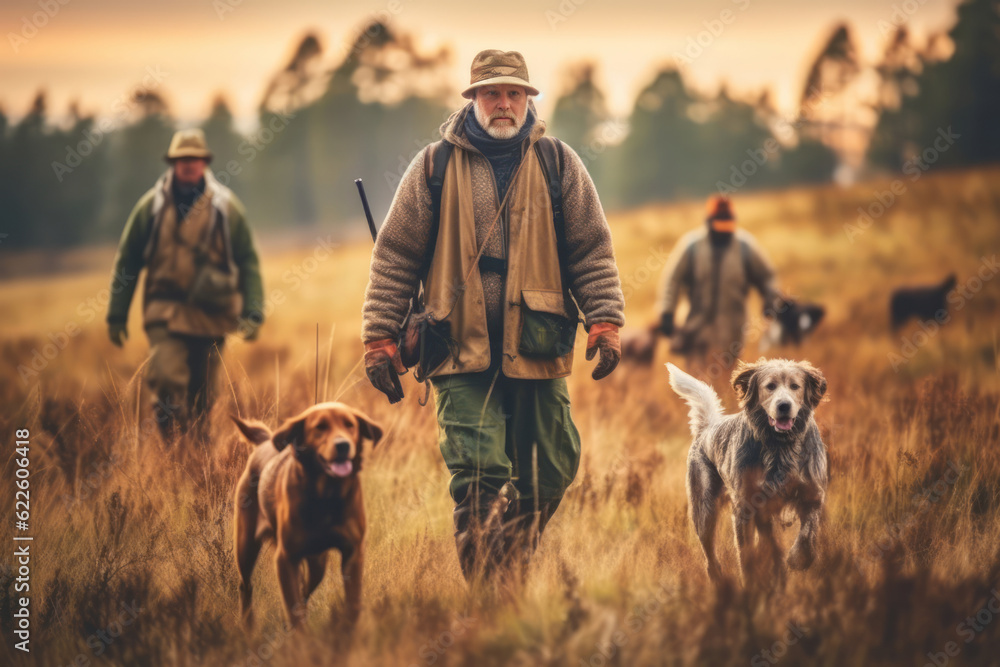 A group of hunters dressed in traditional hunting attire, trekking ...