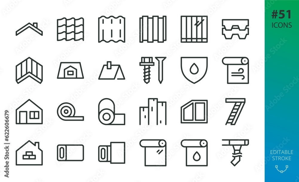 Roof icons set. Set of rooftop, roofing screw, metal tile, bitumen ...