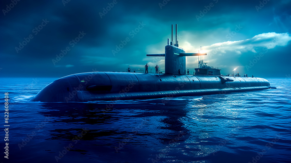 military submarine on the water surface of the blue ocean at night ...